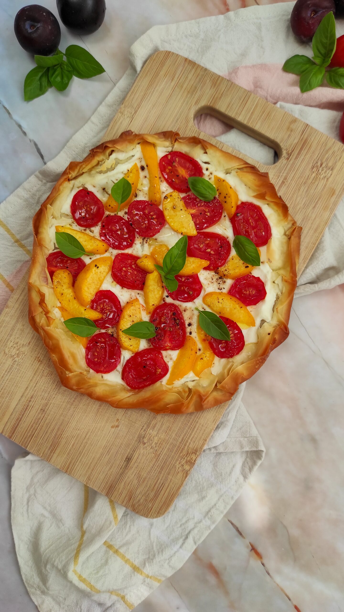 Tomato and peach phyllo galette - RootsandCook
